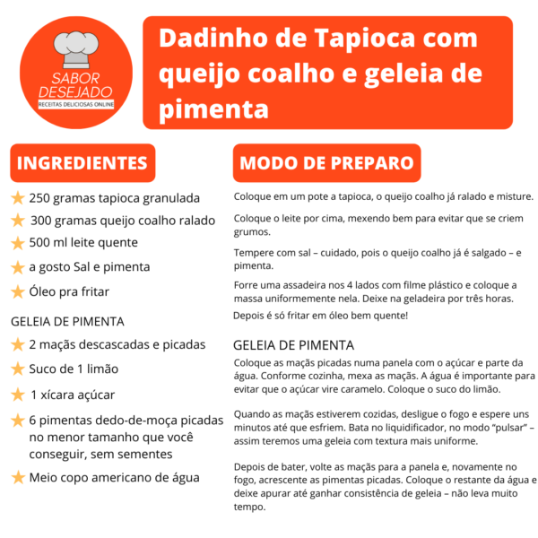 Receita - Dadinho de Tapioca com queijo coalho e geleia de pimenta ...